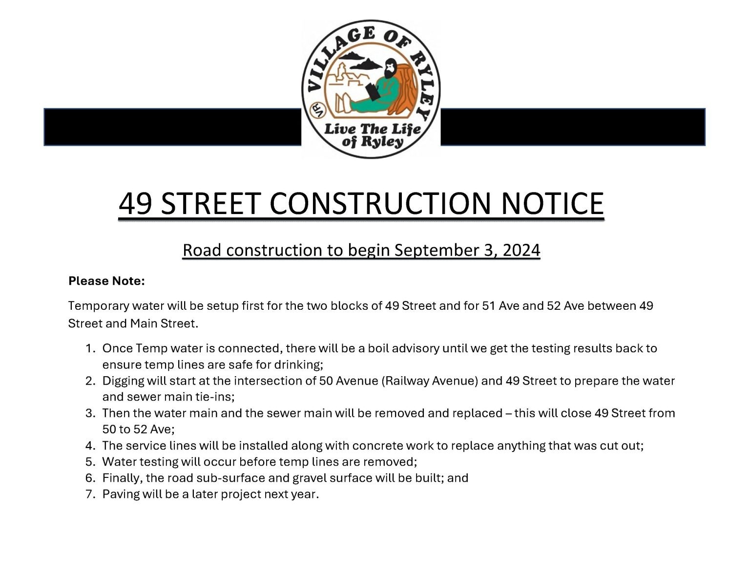 ROAD CLOSURE/CONSTRUCTION NOTICE – Village of Ryley